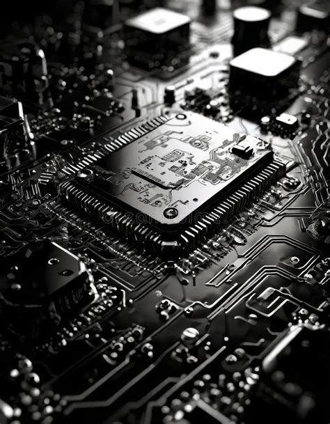 Close Up Of A Black Microchip On A Circuit Board In Monochrome Stock Image Image Of Industry