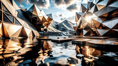 Geometric Landscape With Dynamic Play Of Light And Shadow Evoking A Sense Of Movement And Depth