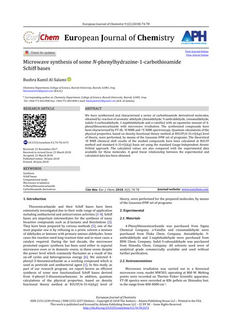 Pdf Microwave Synthesis Of Some N Phenylhydrazine 1 Carbothioamide Schiff Bases