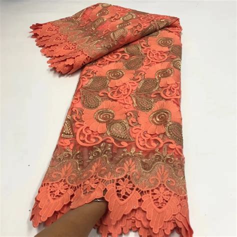 Tissus Tissu africain en dentelle Orange de haute qualité broderie de cordon Net Tulle