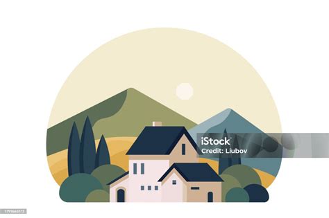 산 시골 풍경 집 빌라 농장 나무와 노송 나무 흰색 배경에 벡터 평면 그림 산맥에 대한 스톡 벡터 아트 및 기타 이미지 산맥