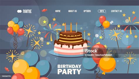 생일 축하 웹 사이트 페이지 디자인 벡터 일러스트레이션 생일 케이크 풍선 및 불꽃 놀이로 장식 된 방문 페이지 템플릿배경 생일에