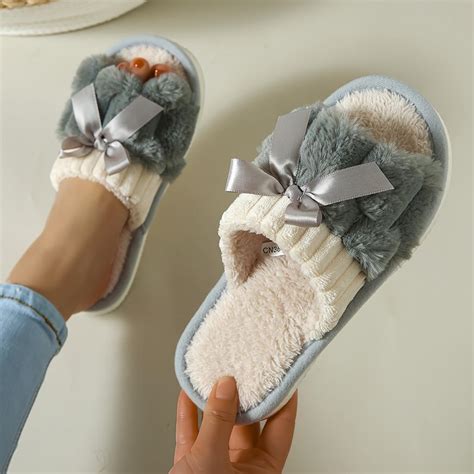 Купити Теплі тапочки з бантом плюшеві туфлі з відкритим носком зручні домашні тапочки за ціною