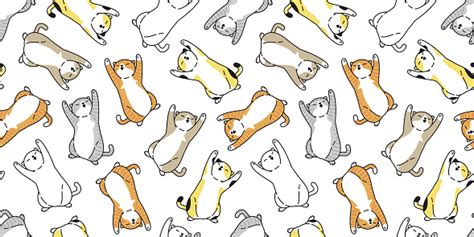 고양이 원활한 패턴 벡터 새끼 고양이 Calico 재생 장난감 생강 스카프 고립 만화 타일 벽지 반복 배경 일러스트 디자인 애완
