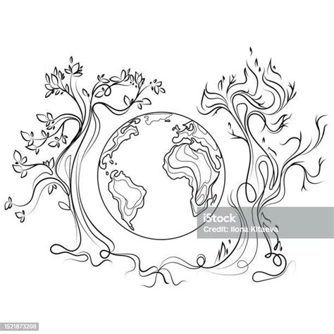 지구 온난화와 기후 변화 개념 두 그루의 나무는 나뭇잎으로 살아 있고 중간에 프라넷 흙으로 말라 있습니다 지구 온난화 양식화된 벡터 기호입니다 생태 및 환경 개념 스케치