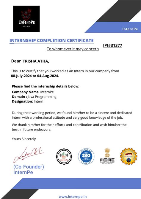 trisha atha on linkedin internship java programming internpe