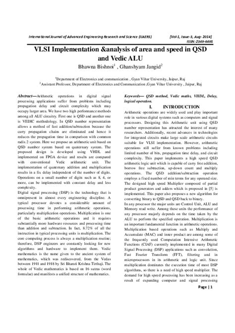 Pdf Vlsi Implementation Andanalysis Of Area And Speed In Qsd And Vedic Alu