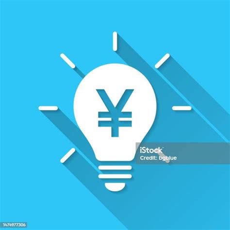 엔 기호가 있는 전구 파란색 배경에 아이콘 긴 그림자가 있는 평면 디자인 전구에 대한 스톡 벡터 아트 및 기타 이미지 전구