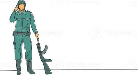 Single Continuous Line Drawing Soldier Stands With Weapon Uniform And