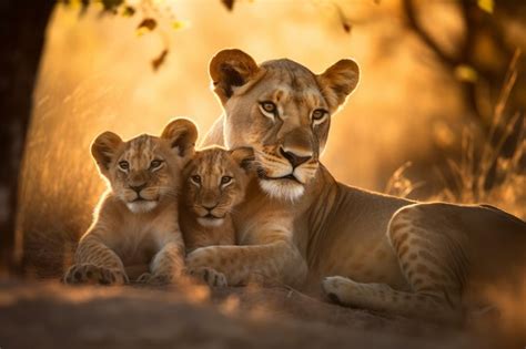 Premium Photo Lioness Her Cubs Sunset Generate Ai