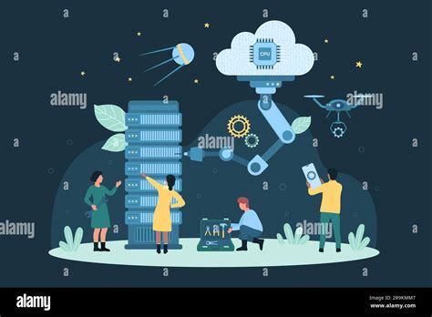 Cartoon Tiny People Control Server Hardware With Robot Arm Drone