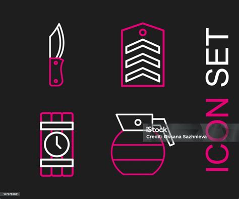 세트 라인 수류탄 다이너마이트 타이머 시계 갈매기 모양 및 군사 칼 아이콘 벡터 갈매기표 수장에 대한 스톡 벡터 아트 및 기타 이미지 갈매기표 수장 경계 표지 계급