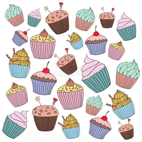 Vector Cupcake Illustration Set Of Hand Drawn Cupcakes Stock
