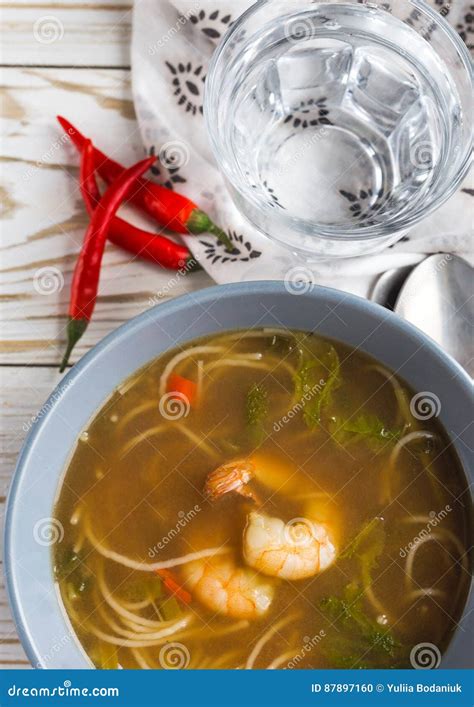 Simple Thai Soup With Shrimp Lemongrass Chilli And Noodles Stock