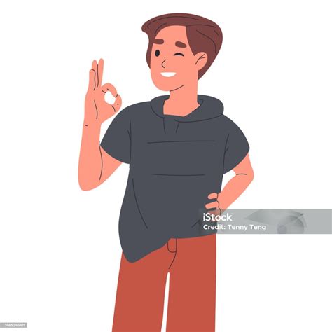 괜찮은 표시를 보여주는 쾌활한 남자 긍정적인 제스처를 가진 남자 행복한 미소를 짓는 사람 신체 언어 흰색 배경에 평면 벡터 삽화