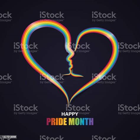 무지개 프라이드 리본에 커플 키스와 심장 모양 Lgbt Lgbtq 게이 자부심 플래그 행복한 자부심의 달 벡터 일러스트레이션