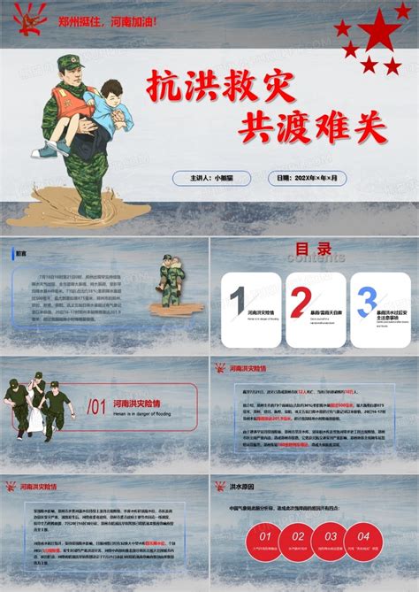 抗洪救灾郑州洪灾暴雨雷雨天气自救ppt模板下载熊猫办公