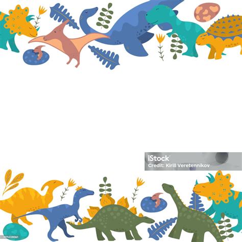 렉스 랩터와 Pterodactyl어린이 초대 카드를위한 귀여운 공룡 테두리 프레임 Ankylosaurus와 벡터 고립 된 꽃