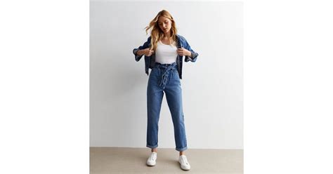 Blue Dayna Paperbag Jeans New Look