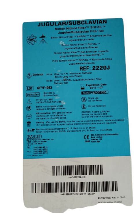 New Bard 2220j Bard 2220j Jugular Subclavian Simon Nitinol Filter Snf Sl Disposables General