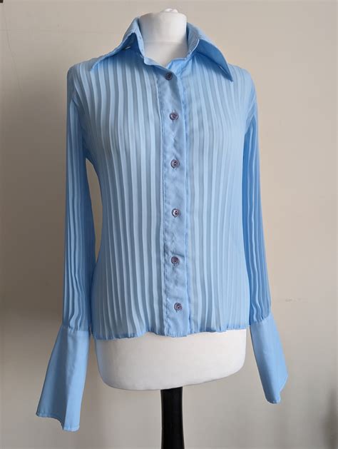 Elegant Retro Blue Sheer Blouse Sophisticated Womens Style Etsy