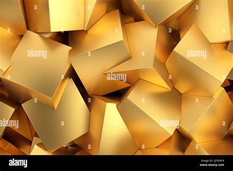 Golden Abstract Futuristic Polygons Cubes Structure Background Extreme Closeup 3d Rendering