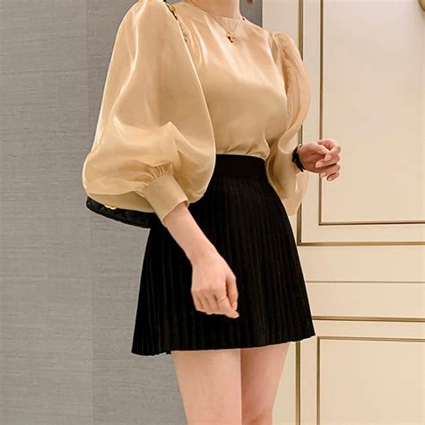 다미님 [2컬러] 벌룬 블라우스 퍼프 홀터넥 긴팔 반팔 하객룩 결혼식 셔츠 크롭 카라 체크 배색 무지 오버핏 빅사이즈 셔링 프릴