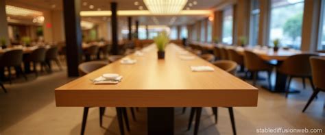 The Image Shows A Restaurant In The Middle Of The Restaurant Stands A Wide Restaurant Table The