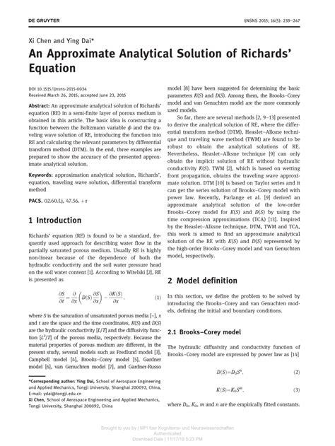 Pdf An Approximate Analytical Solution Of Richards Equation