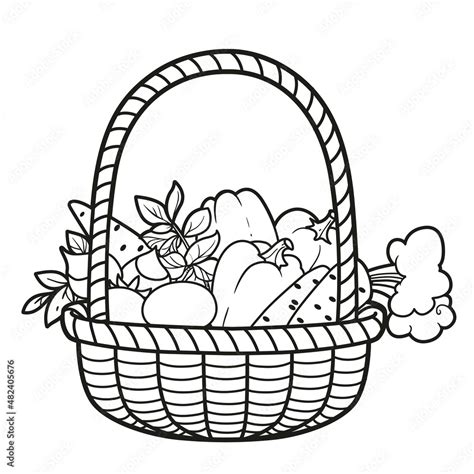 Wicker Basket With Vegetables Outlined For Coloring Book On White