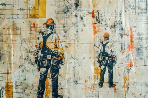 Construction Themed Fabric With Blueprint Sketches Workers And Tool