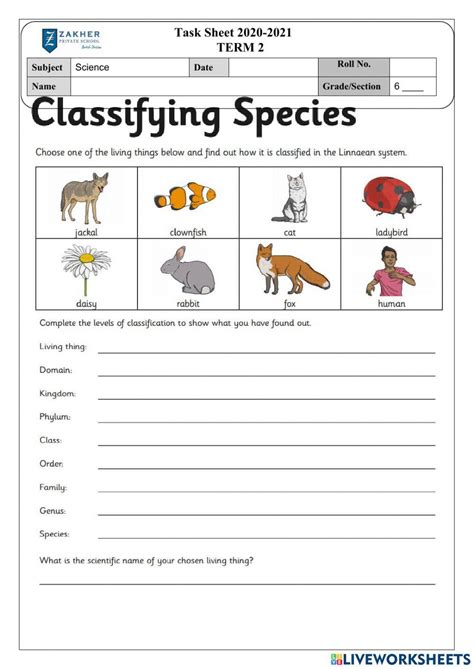 Classifying Species Online Exercise For Live Worksheets