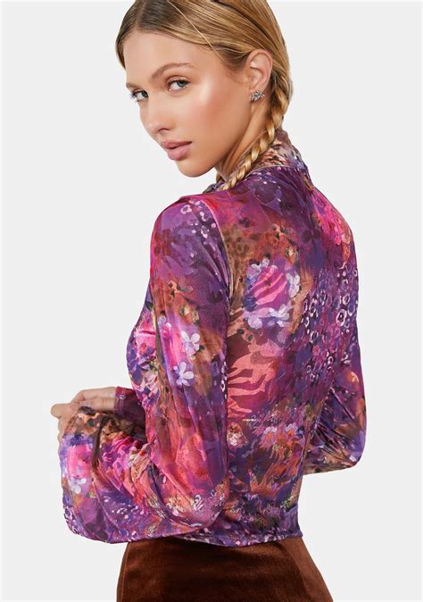 Delia S By Dolls Kill Velvet Floral Bell Sleeve Neck Tie Crop Top