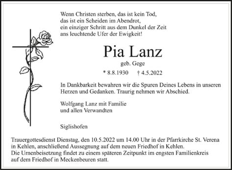 Traueranzeigen Von Pia Lanz Schwaebische De Trauerportal