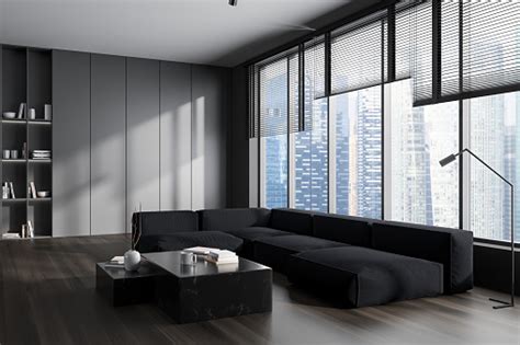 소파와 커피 테이블이 있는 회색 회의 인테리어 파노라마 창문 0명에 대한 스톡 사진 및 기타 이미지 0명 3차원 형태 가정의 방 Istock