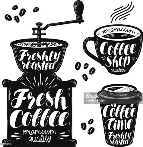 커피 분쇄기 에스프레소 라벨 세트 카페 뜨거운 음료 컵 아이콘 또는 아이콘 손으로 쓴된 글자 벡터 일러스트 레이 션 0명에 대한 스톡 벡터 아트 및 기타 이미지 Istock