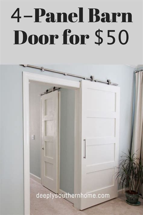An Open Door With The Words 4 Panel Barn Door For 50 On Top And Below