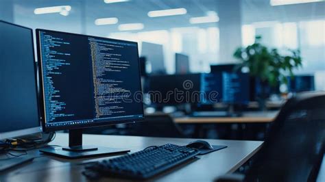 at night a modern office workspace is equipped with several computer