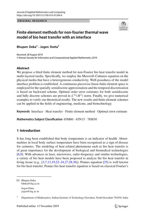 Pdf Finite Element Methods For Non Fourier Thermal Wave Model Of Bio Heat Transfer With An