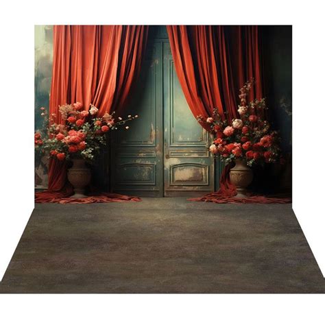 Avezano Red Curtains And Green Wooden Doors 2 Pcs Set Backdrop Red