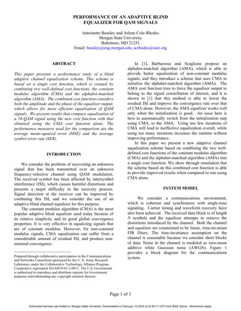 Performance Of An Adaptive Blind Equalizer For Qam Signals 1