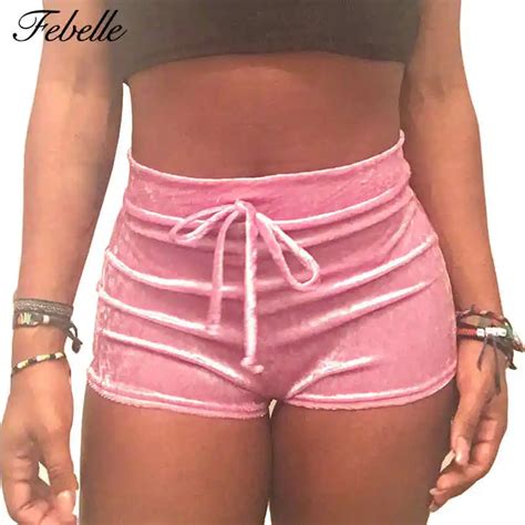 Febelle Women Velvet Elastic Pink Shorts Casual High Waist Spring