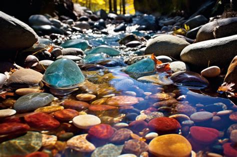 Stream Flowing Over Colorful Pebbles In A Forest Stock Illustration