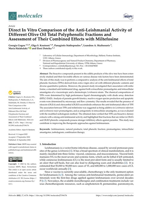 Pdf Direct In Vitro Comparison Of The Anti Leishmanial Activity Of Different Olive Oil Total