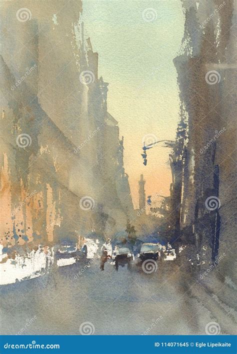 Modern City Street Abstract View Watercolor Stock Illustration