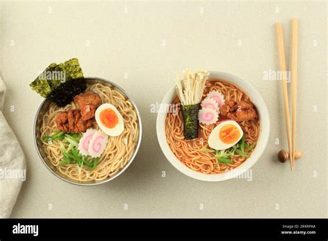 Two Bowl Tori Karaage Ramen With Boiled Egg Nori And Narutomaki