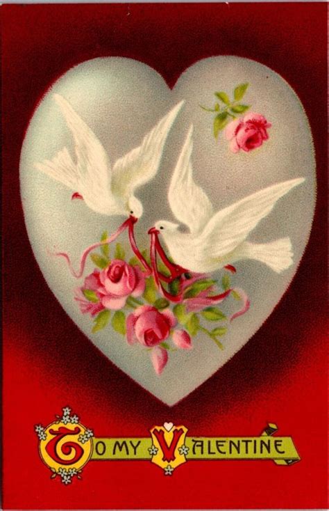 Gel Valentines Day Postcard Two White Doves Flying Pink Roses Inside