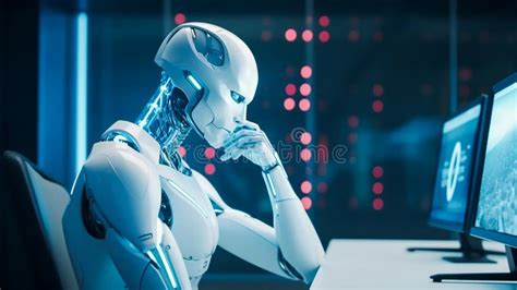 White Ai Robot Think And Looking On Monitor Creen Computer Working