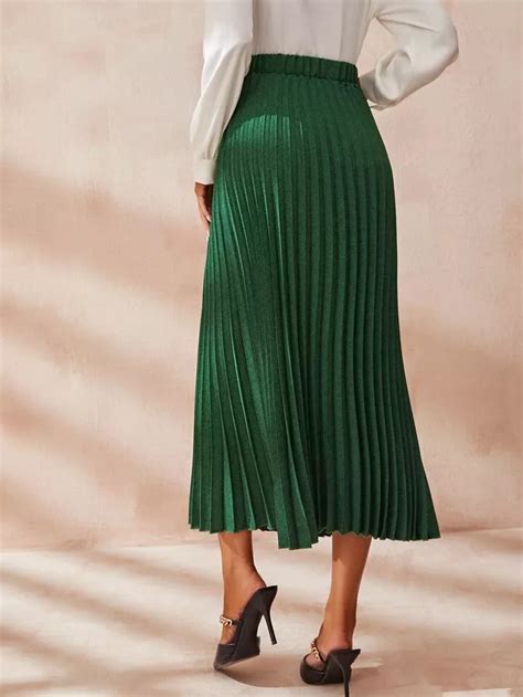 Solid Elastic Waist Pleated Skirt Green Skirt Pleated Skirt Pleated