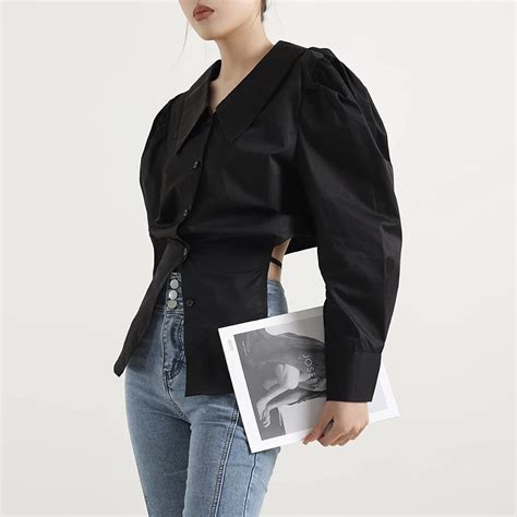 Solid Hollow Out Blouses For Women Lapel Long Sleeve Patchwork Single
